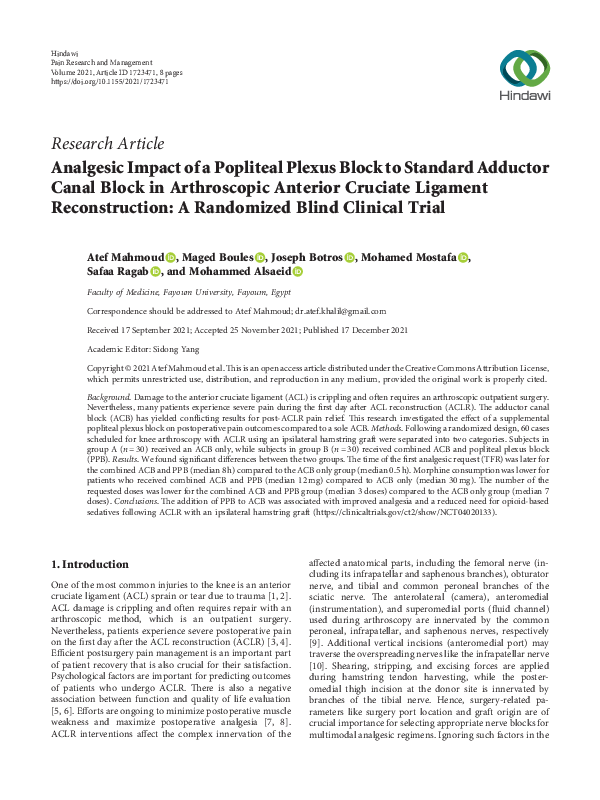 Pdf Analgesic Impact Of A Popliteal Plexus Block To Standard Adductor Canal Block In