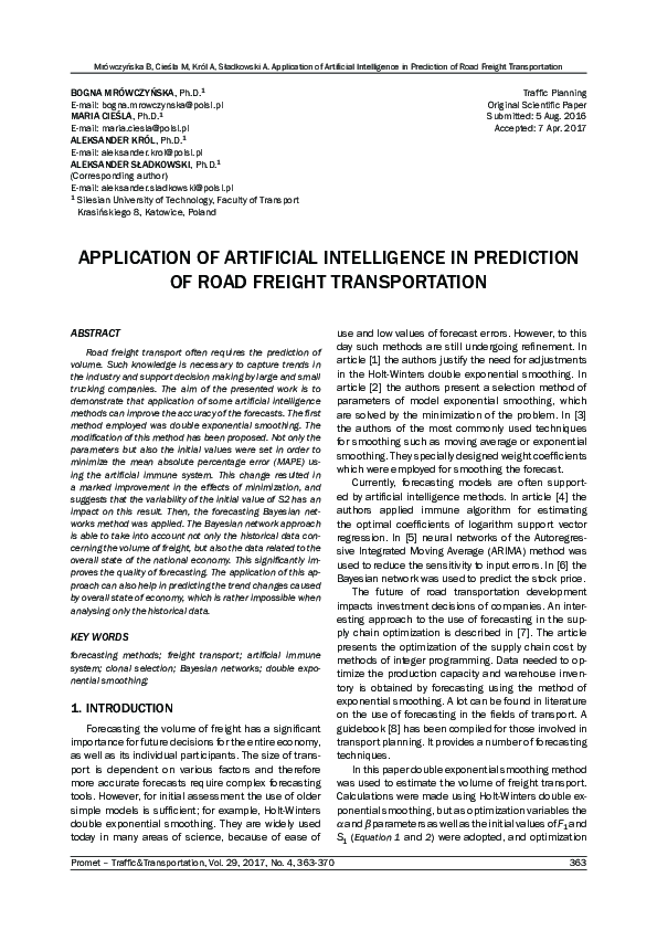 (PDF) Application of Artificial Intelligence in Prediction of Road Freight Transportation