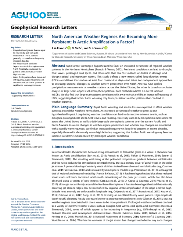 (PDF) North American Weather Regimes Are Becoming More Persistent: Is ...