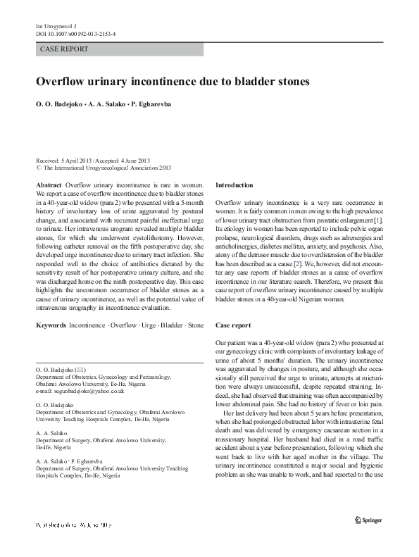 (PDF) Overflow urinary incontinence due to bladder stones