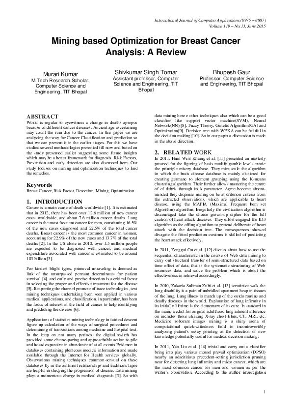 Pdf Mining Based Optimization For Breast Cancer Analysis A Review