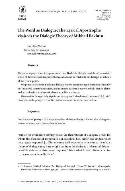 (PDF) The Word as Dialogue: The Lyrical Apostrophe vis-à-vis the ...