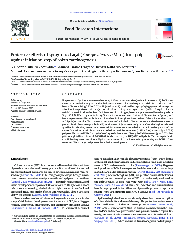 (PDF) Açaí Pulp Reduces Colon Carcinogenesis Risk