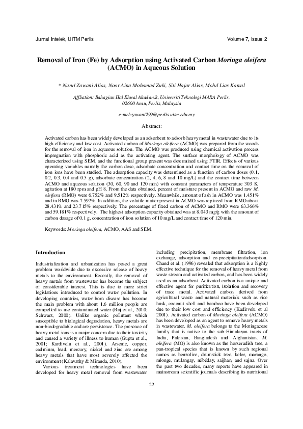 (PDF) Removal of Iron (Fe) by Adsorption using Activated Carbon Moringa oleifera (ACMO) in ...