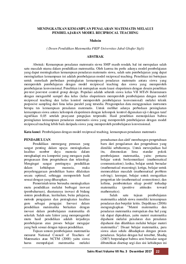 (PDF) Meningkatkan Kemampuan Penalaran Matematis melalui Pembelajaran Model Reciprocal Teaching