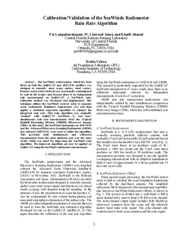 (PDF) Calibration/Validation of the SeaWinds Radiometer Rain Rate ...