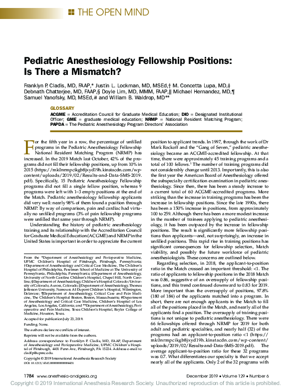 (PDF) Pediatric Anesthesiology Fellowship Positions
