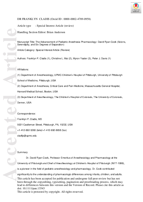 (PDF) The advancement of pediatric anesthesia pharmacology: David Ryan ...