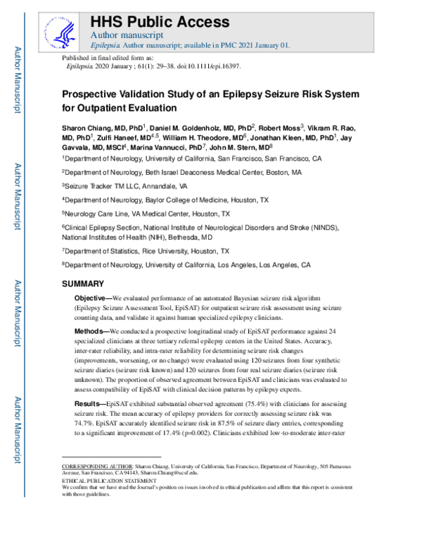 Prospective validation study of an epilepsy seizure risk system for outpatient evaluation