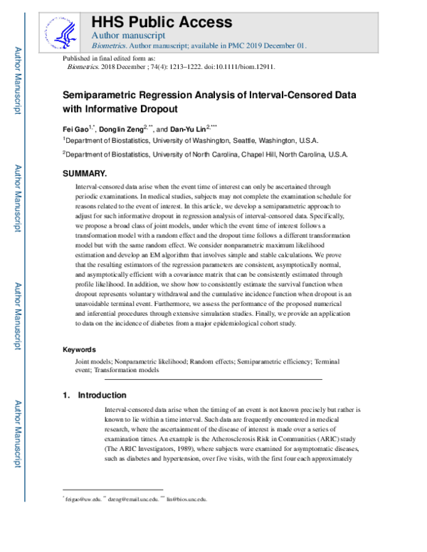 Pdf Semiparametric Regression Analysis Of Interval‐censored Data With Informative Dropout