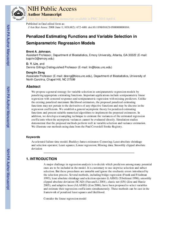 (PDF) Penalized Estimating Functions and Variable Selection in Semiparametric Regression Models