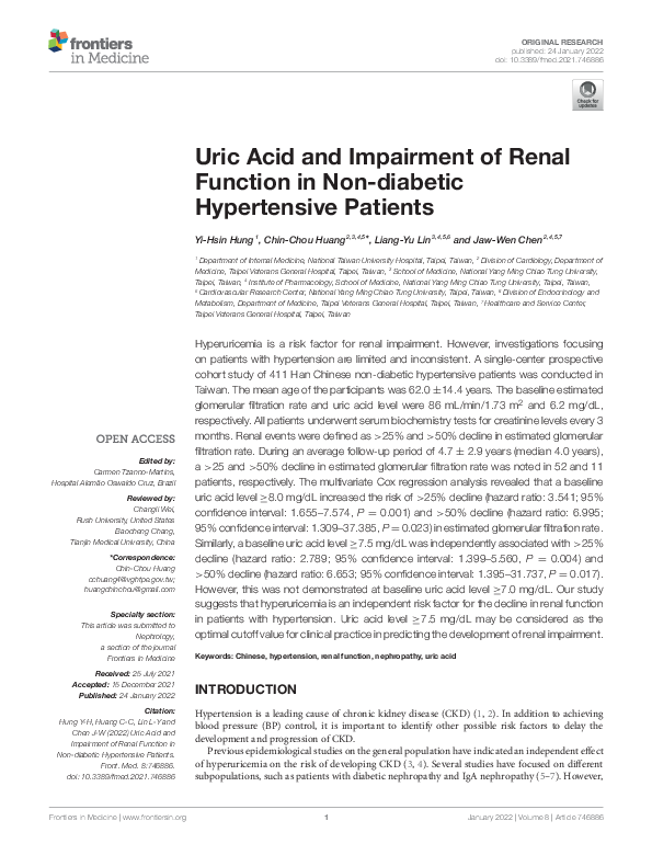 (PDF) Uric Acid and Impairment of Renal Function in Non-diabetic Hypertensive Patients