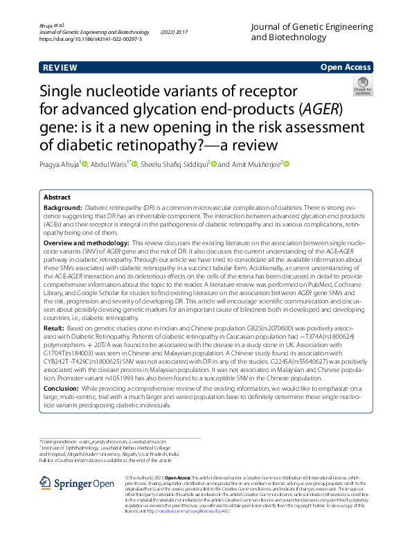 (PDF) Single nucleotide variants of receptor for advanced glycation end ...