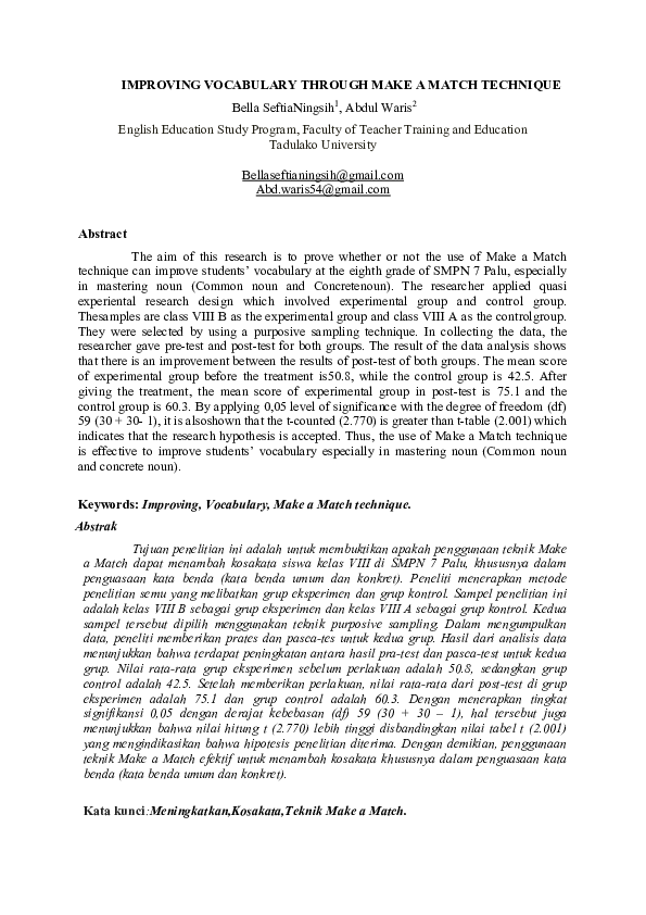 (PDF) Improving Vocabulary through Make A Match Technique