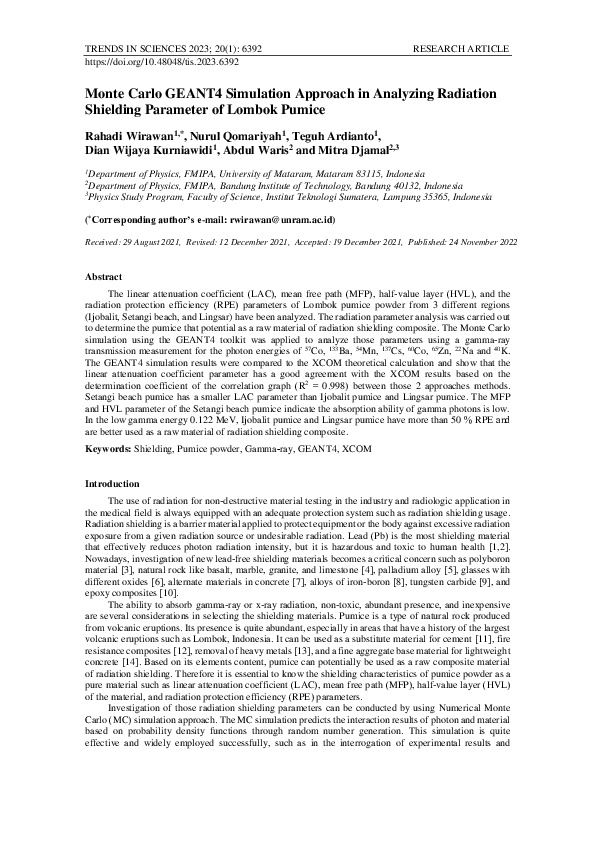 Pdf Monte Carlo Geant4 Simulation Approach In Analyzing Radiation Shielding Parameter Of