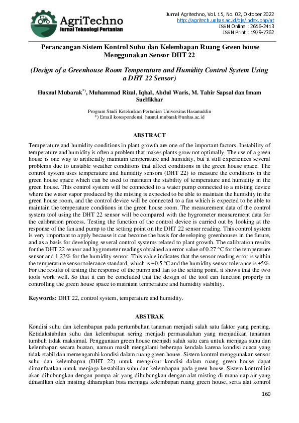 (PDF) Design of a Greenhouse Room Temperature and Humidity Control System Using a DHT 22 Sensor