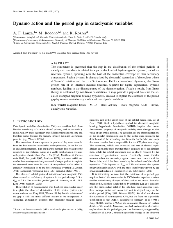 (PDF) Dynamo action and the period gap in cataclysmic variables