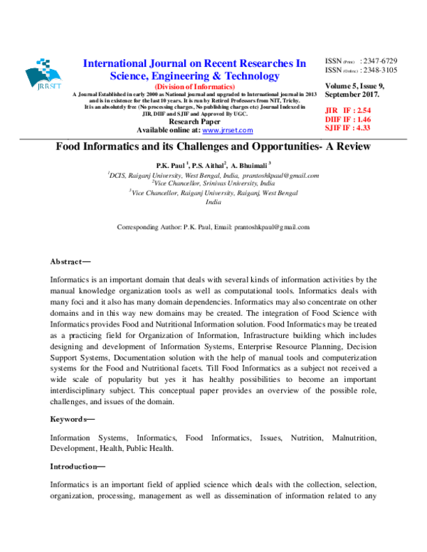 (PDF) Food Informatics And Its Challenges And Opportunities- A Review