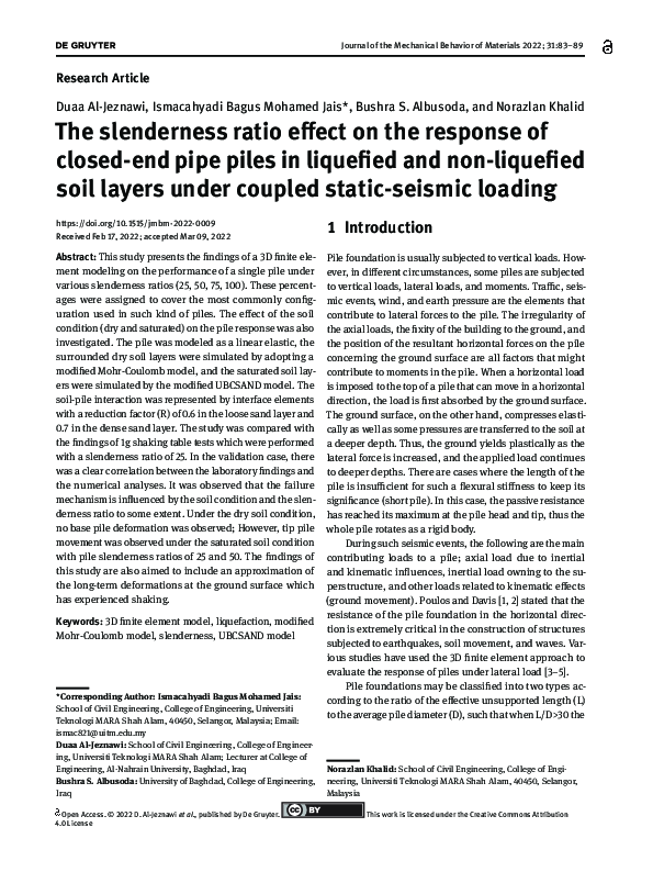 (PDF) The slenderness ratio effect on the response of closed-end pipe piles in liquefied and non ...