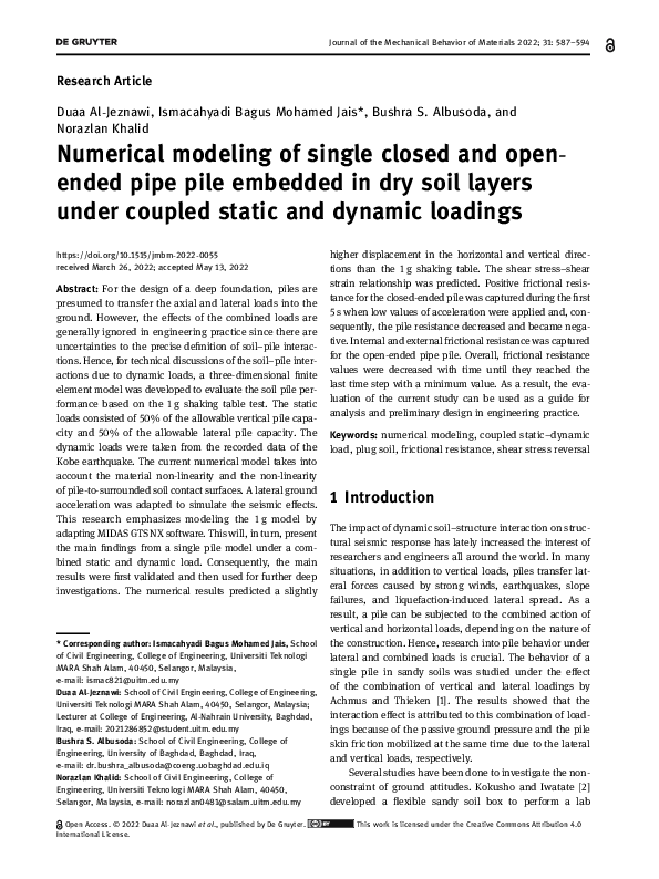 (PDF) Numerical modeling of single closed and open-ended pipe pile embedded in dry soil layers ...
