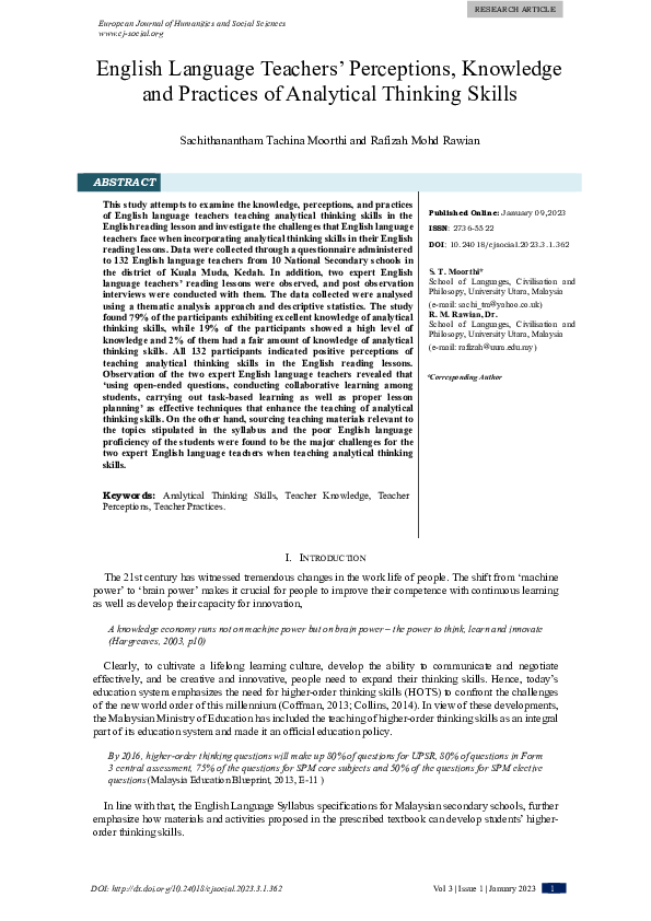 (PDF) English Language Teachers’ Perceptions, Knowledge and Practices of Analytical Thinking ...