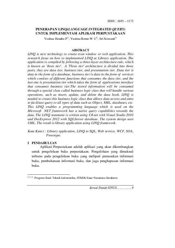 Pdf Penerapan Linq Language Integrated Query Untuk Implementasi Aplikasi Perpustakaan