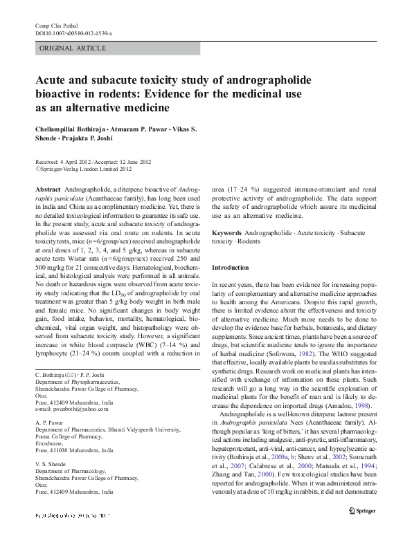 (PDF) Acute and subacute toxicity study of andrographolide bioactive in rodents: Evidence for ...