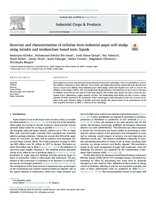 (PDF) Recovery and characterisation of cellulose from industrial paper mill sludge using ...