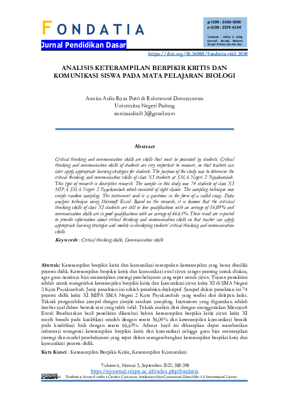 (PDF) Analisis Keterampilan Berpikir Kritis dan Komunikasi Siswa pada ...