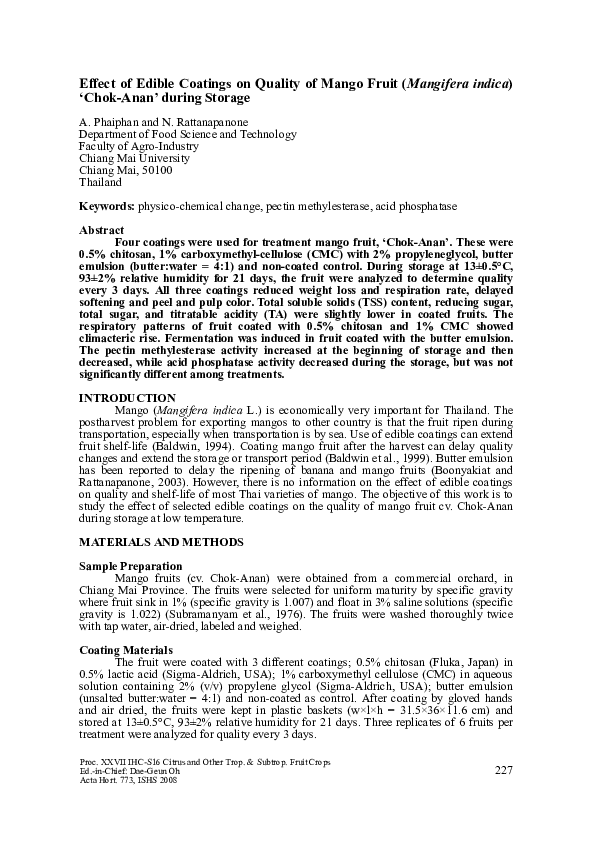 (PDF) Effect of Edible Coatings on Quality of Mango Fruit cv. Chok-Anan ...