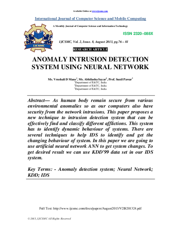 (PDF) Anomaly Intrusion Detection System Using Neural Network (PDF) Anomaly Intrusion Detection System Using Neural Network