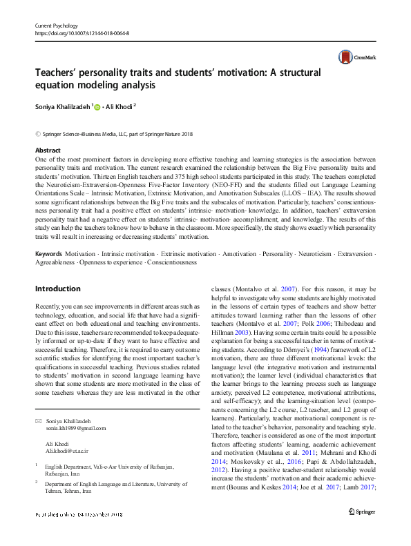 (PDF) Teachers’ personality traits and students’ motivation: A structural equation modeling analysis