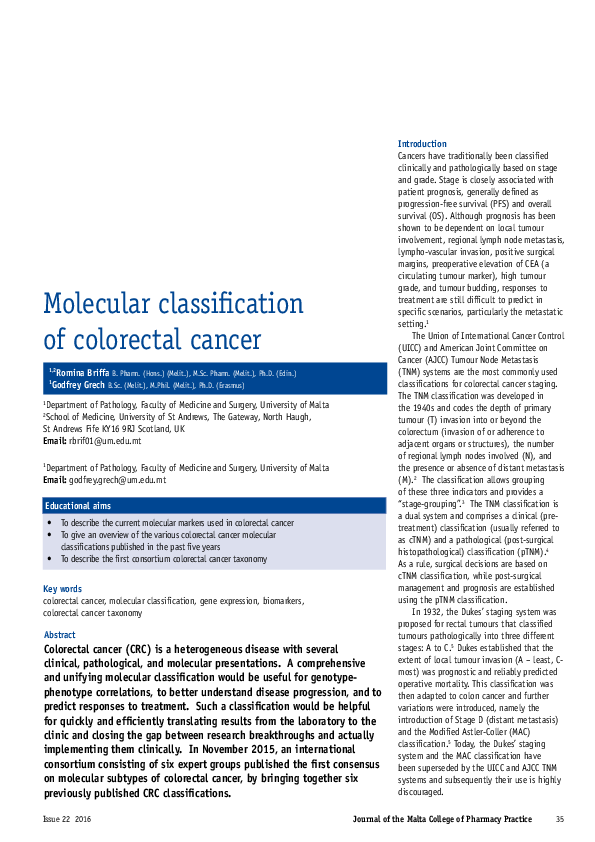 Pdf Molecular Classification Of Colorectal Cancer