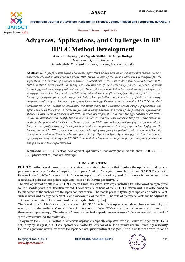 (PDF) Advances, Applications, and Challenges in RP HPLC Method Development