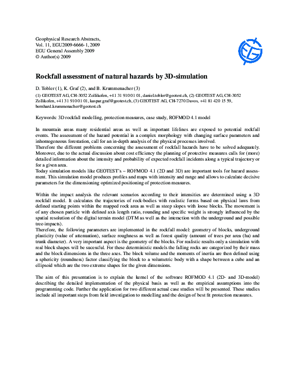 (PDF) Rockfall assessment of natural hazards by 3D-simulation