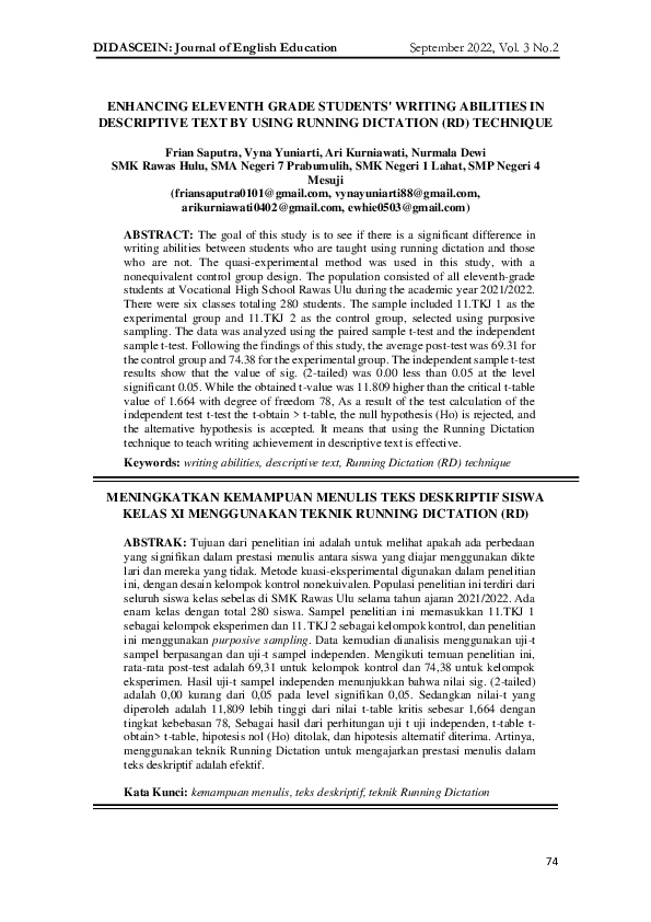 (PDF) Enhancing Eleventh Grade Students' Writing Abilities in Descriptive Text by Using Running ...