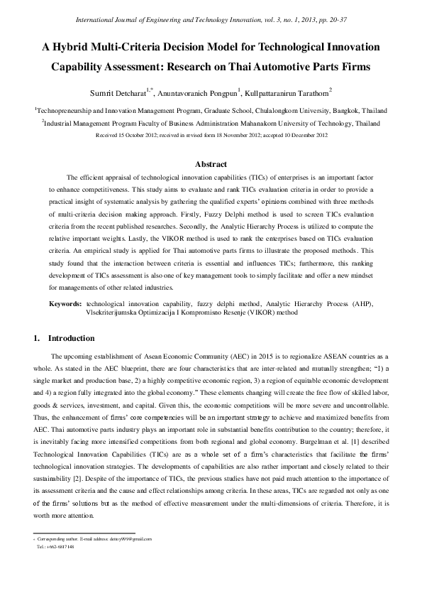 Pdf A Hybrid Multi Criteria Decision Model For Technological