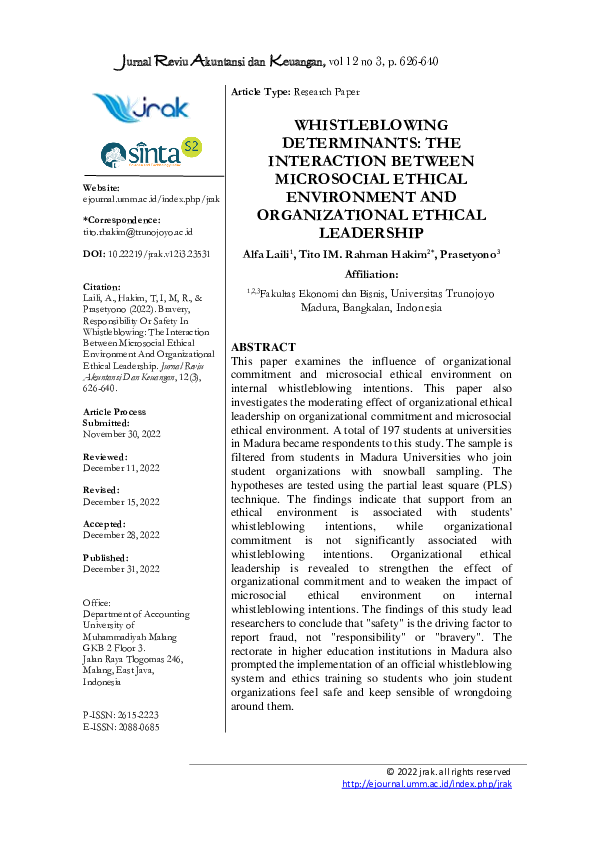 (PDF) Whistleblowing Determinants: The Interaction Between Micro Social Ethical Environment And ...