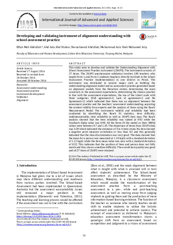 (PDF) Developing and validating instrument of alignment understanding with school assessment ...