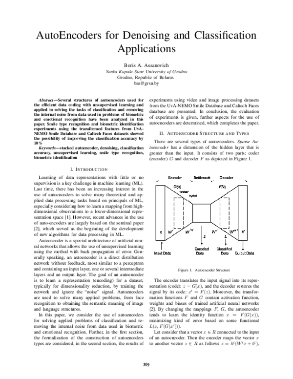 Pdf Autoencoders For Denoising And Classiﬁcation Applications