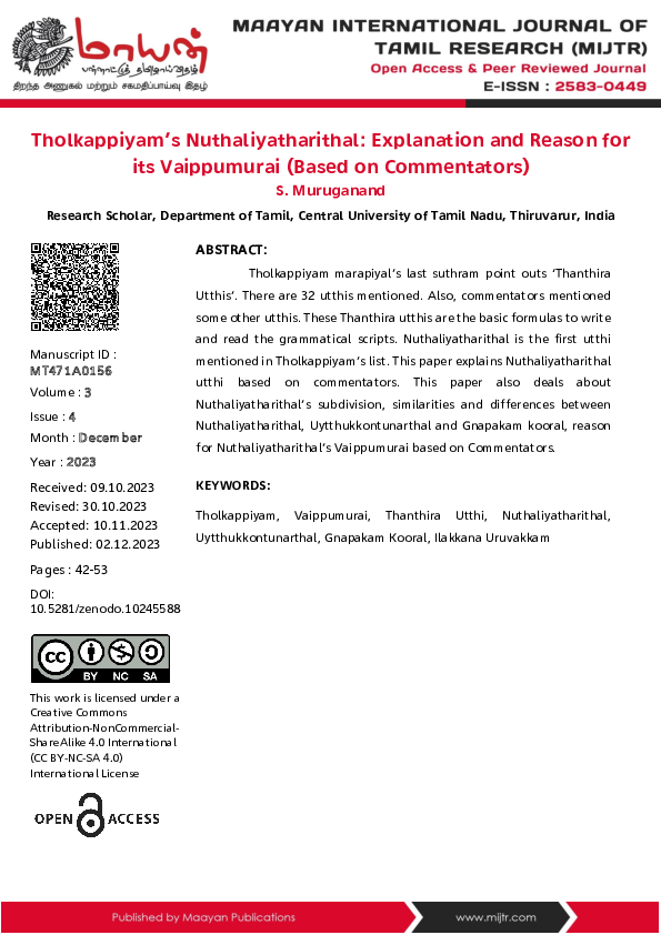 (PDF) Tholkappiyam’s Nuthaliyatharithal: Explanation and Reason for its ...