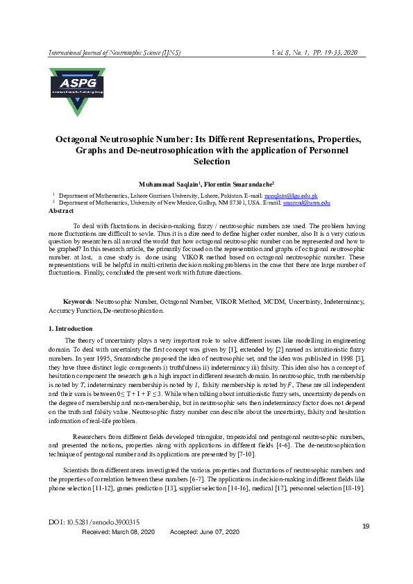 (PDF) Octagonal Neutrosophic Number: Its Different Representations, Properties, Graphs and De ...