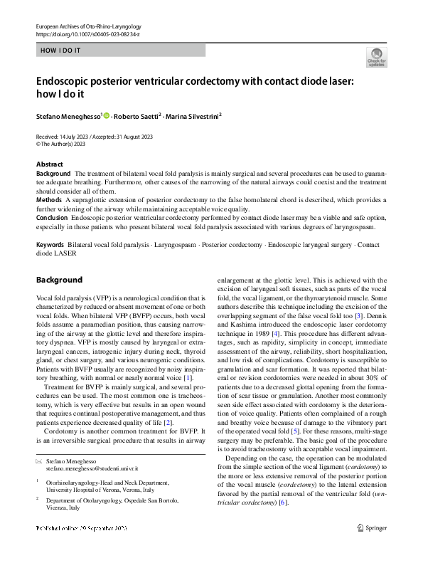 Endoscopic posterior ventricular cordectomy with contact diode laser ...
