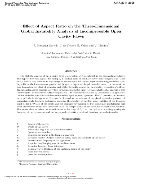 (PDF) Effect of Aspect Ratio on the Three-Dimensional Global Instability Analysis of ...