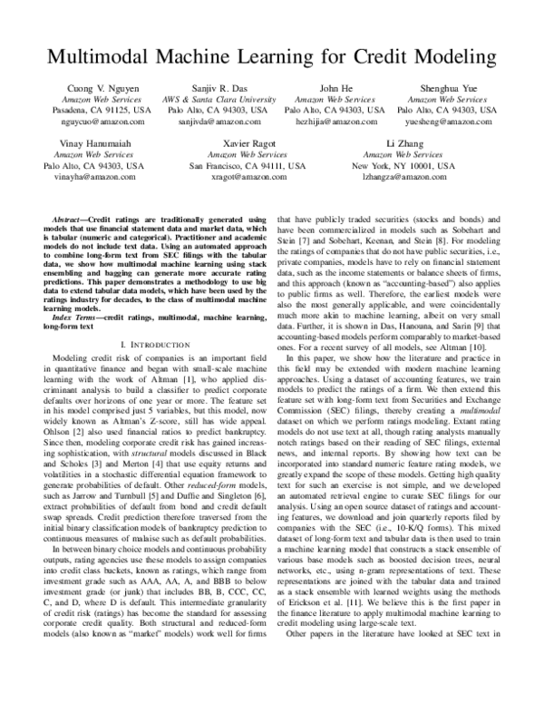 Pdf Multimodal Machine Learning For Credit Modeling