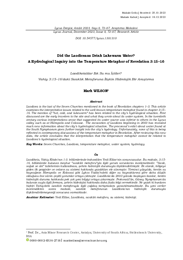 (PDF) Did the Laodiceans Drink Lukewarm Water? A Hydrological Inquiry ...