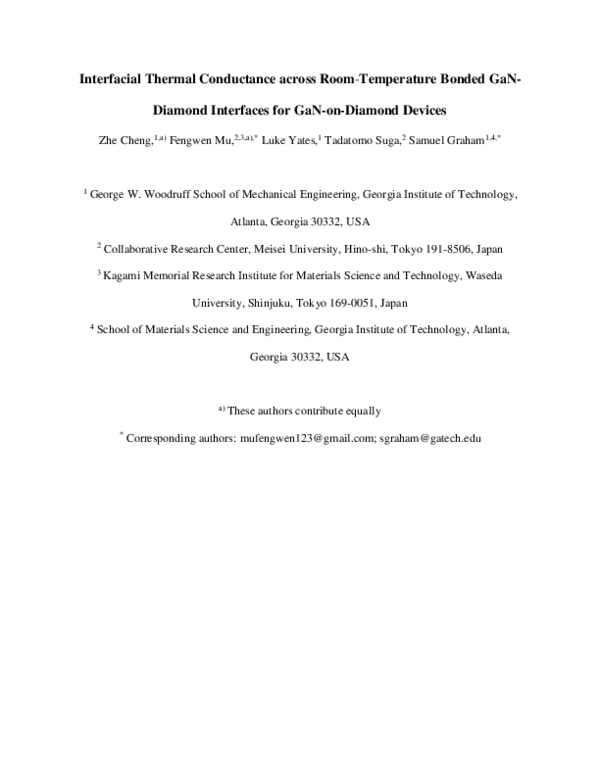 (PDF) Interfacial Thermal Conductance across Room-Temperature-Bonded GaN/Diamond Interfaces for ...