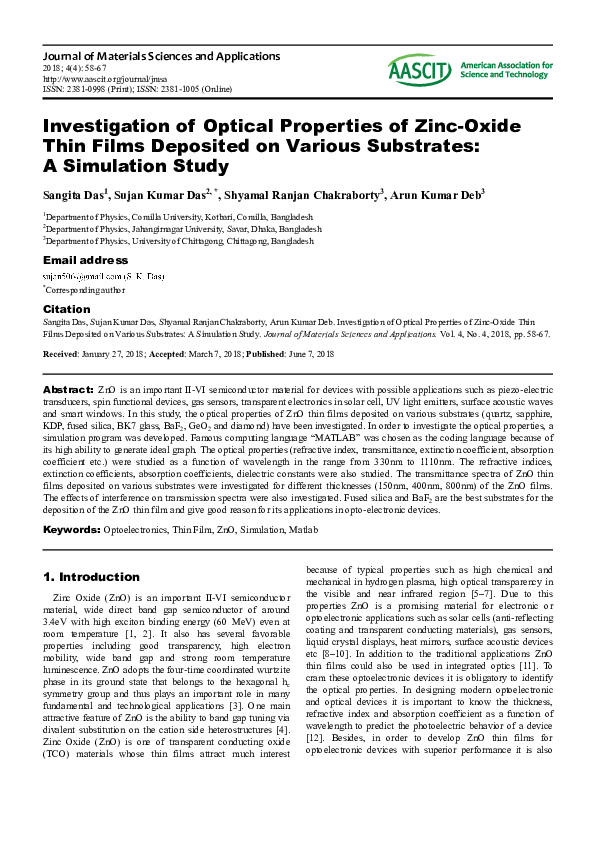 (PDF) Investigation of Optical Properties of Zinc-Oxide Thin Films Deposited on Various ...