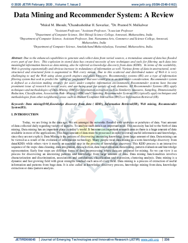 (PDF) Data Mining and Recommender System: A Review