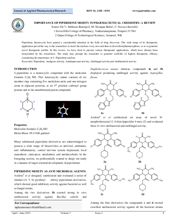(PDF) Importance of piperidone moiety in pharmaceutical chemistry: a review